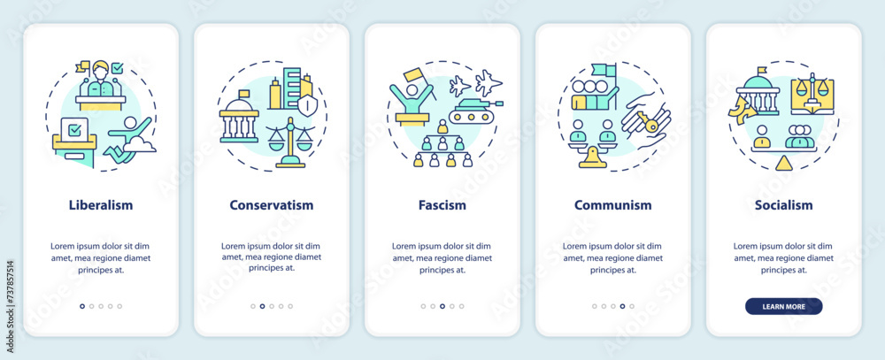 Political ideologies onboarding mobile app screen. Walkthrough 5 steps ...