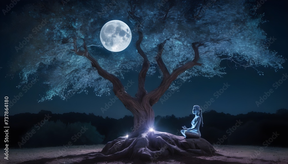 Girl silhouette meditating under a large olive tree at night, light blue aura light coming from ...