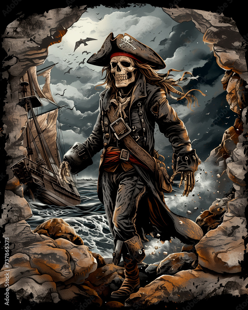 Sea rover. Bright colorful collage with a pirate, a raging sea, a ship ...