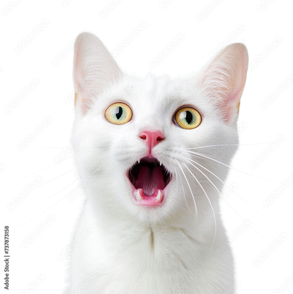Studio portrait of a shocked white cat isolated on a transparent ...