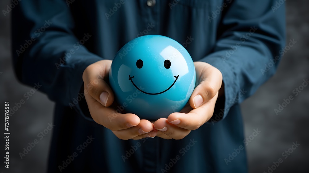 Hands holding blue happy smile face. mental health positive thinking ...