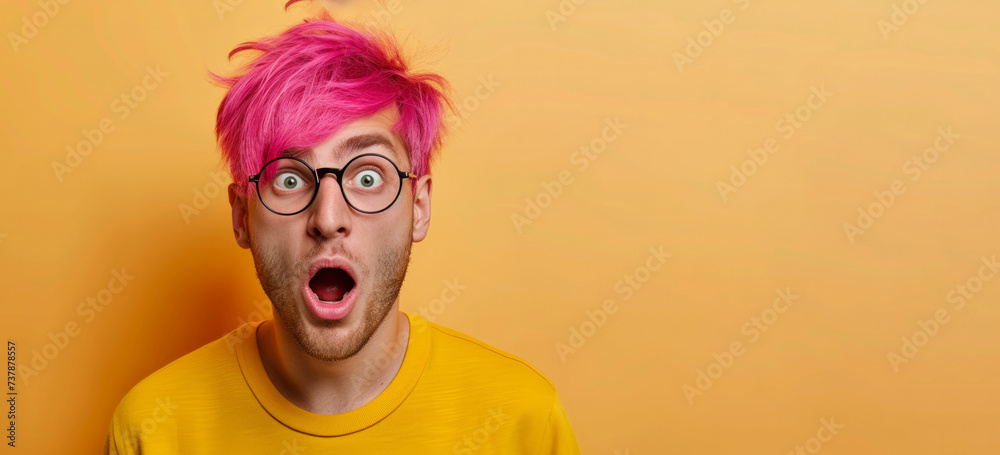 Shocked scared guy with pink hair looks with terror keeps. mouth widely ...