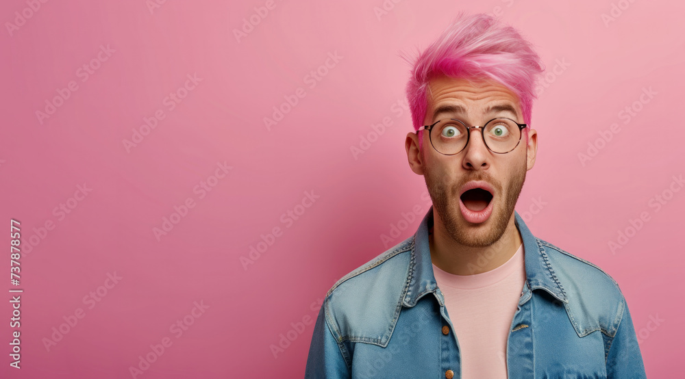 Shocked scared guy with pink hair looks with terror keeps. mouth widely ...