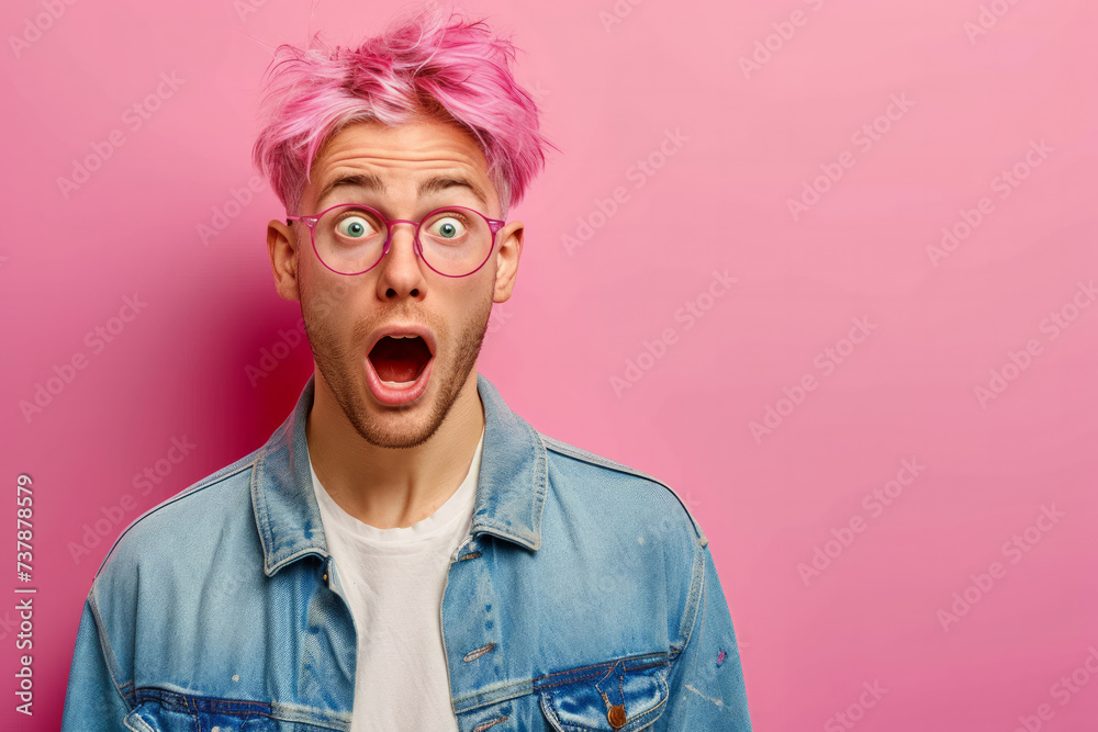 Shocked scared guy with pink hair looks with terror keeps. mouth widely ...
