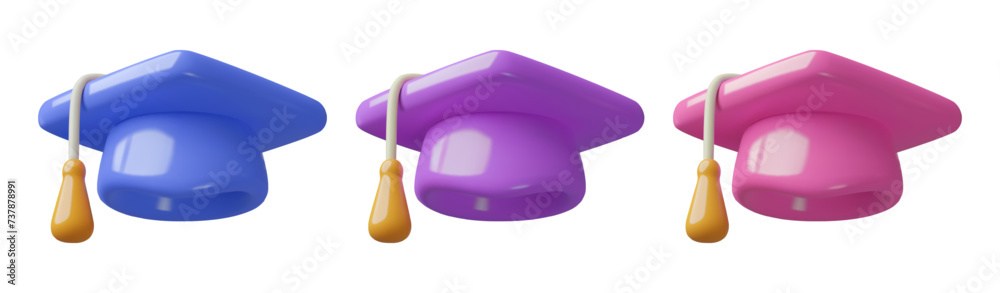 Graduation caps 3d realistic cute minimal vector illustration. Purple ...