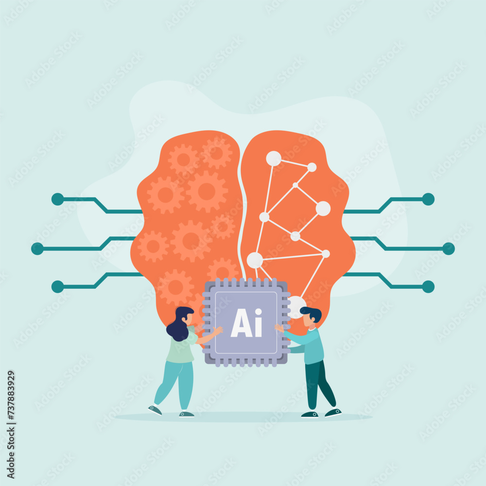 Vetor de Digital brain with neural network and people. Artificial ...