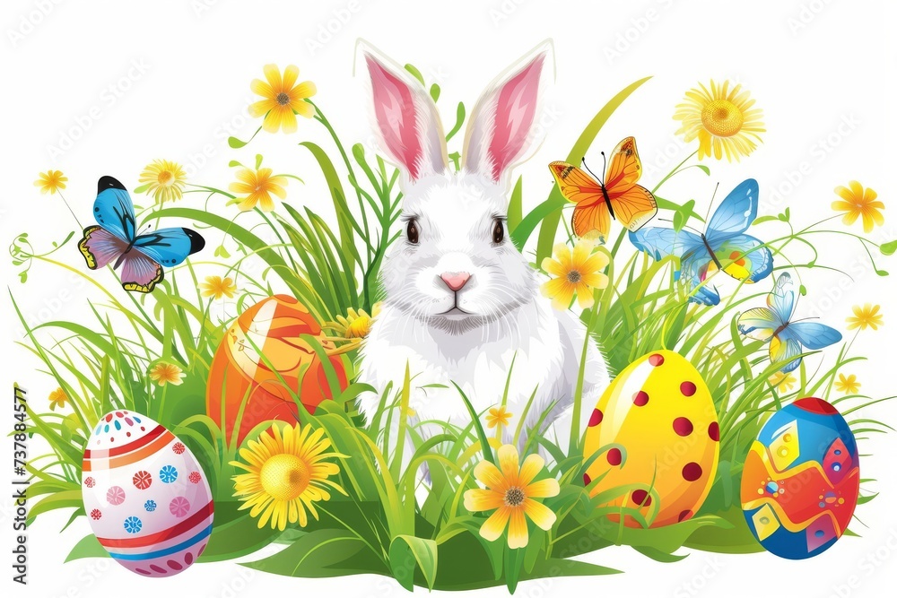 Happy Easter Eggs Basket bluebells. Bunny in flower easter prussian ...