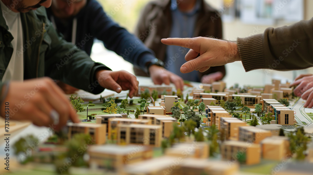 A focused group of urban planners engaging in detailed analysis over a ...