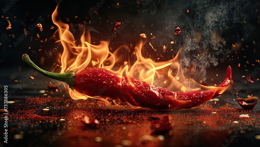 A close-up capture of a fiery red chili pepper with flames dancing ...