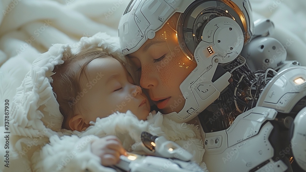 A Caucasian mother and her newborn baby are looked after by a humanoid ...