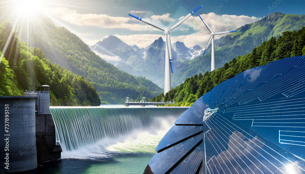 Renewable Energies Concept. Sunlight with solar panels. Wind with wind ...