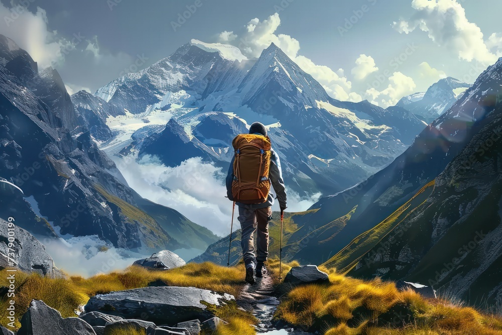 Lone hiker challenges towering peaks symbol of travel and adventure ...