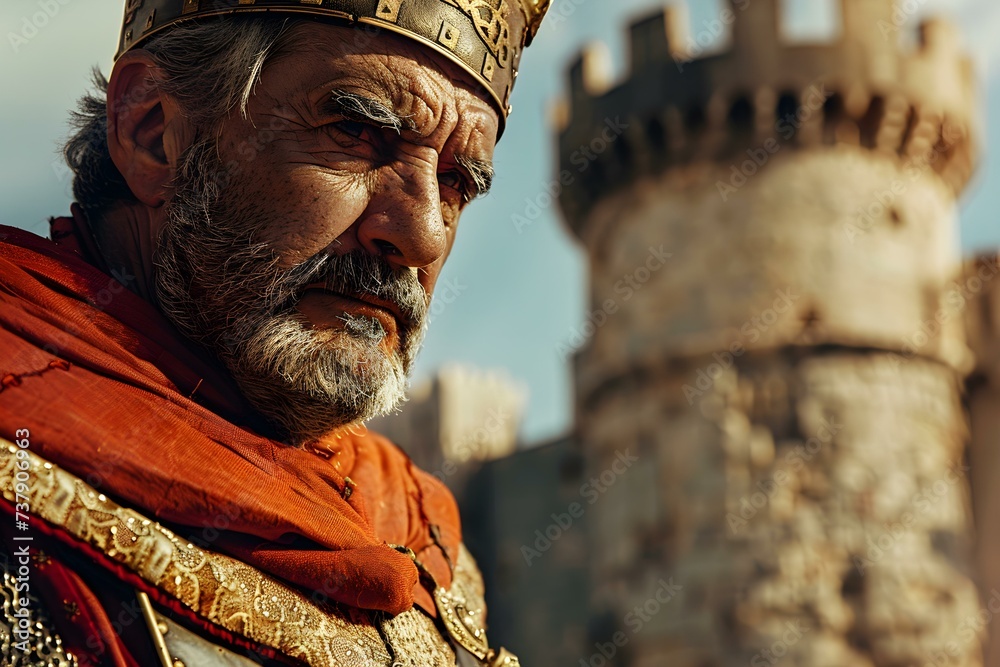 Man dressed as Charlemagne with medieval castle in background embodying ...