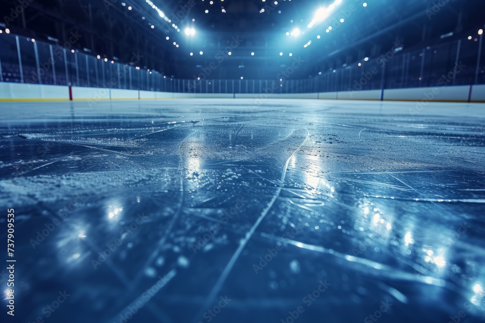 Low angle shot of an empty ice rink in ice hockey stadium. Clean ...