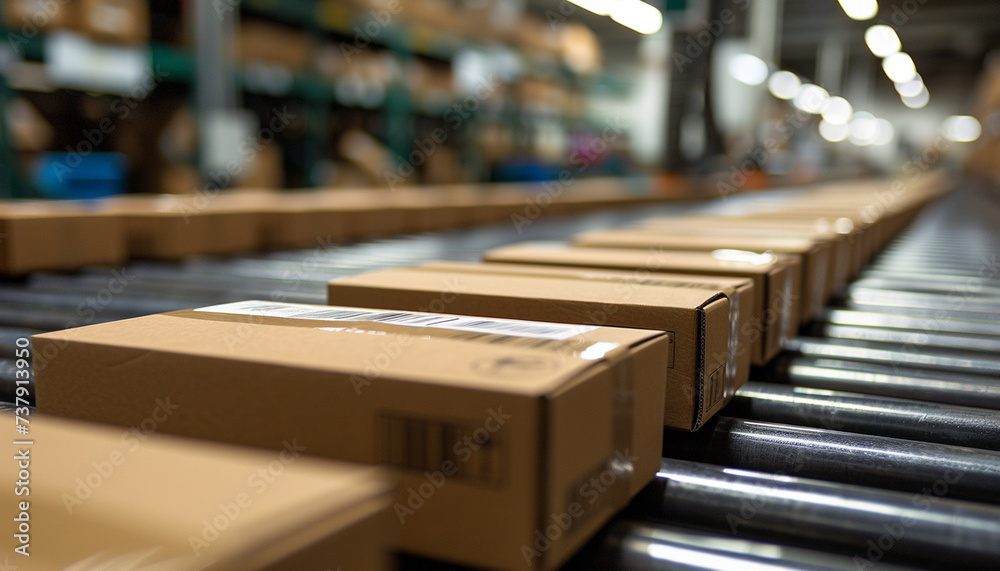 Cardboard boxes on a conveyor belt in a warehouse illustrate ...