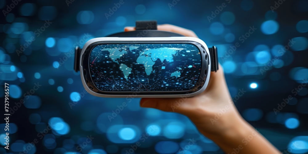 Hand Holding a VR Headset Displaying a Global Network Map, Signifying ...