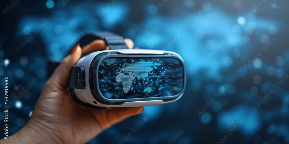 Hand Holding a VR Headset Displaying a Global Network Map, Signifying ...