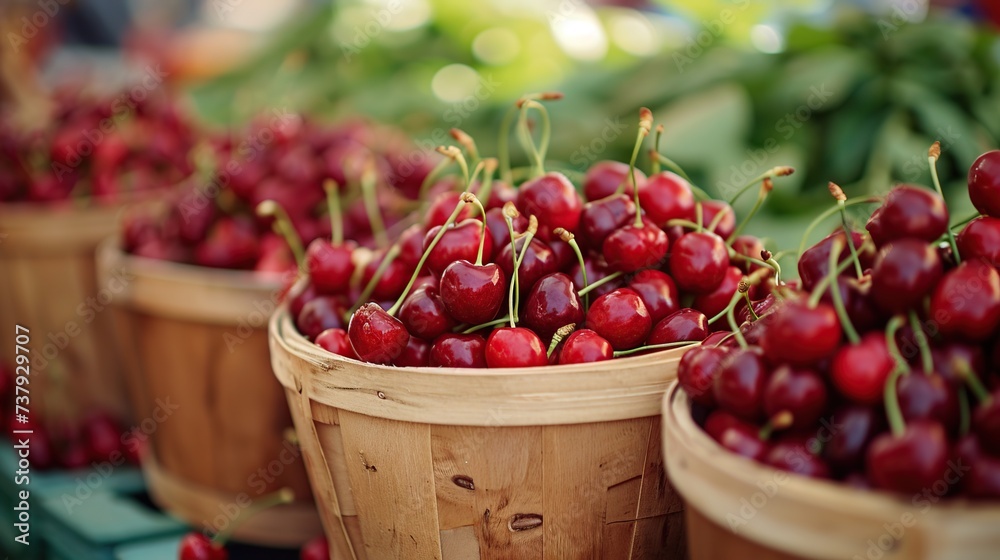 Baskets of fresh cherries in a market setting, embodying the essence of ...