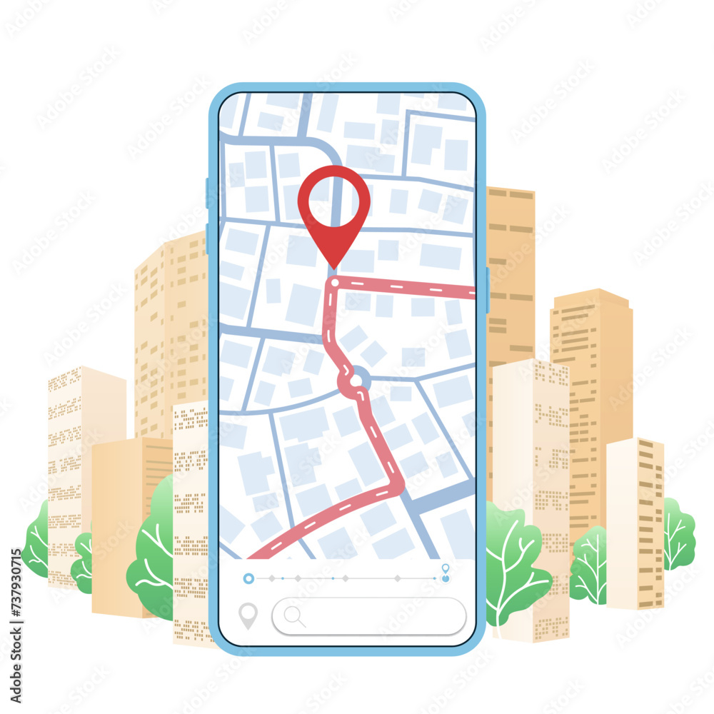 Mobile phone with city map on the screen. Urban mobility, route ...