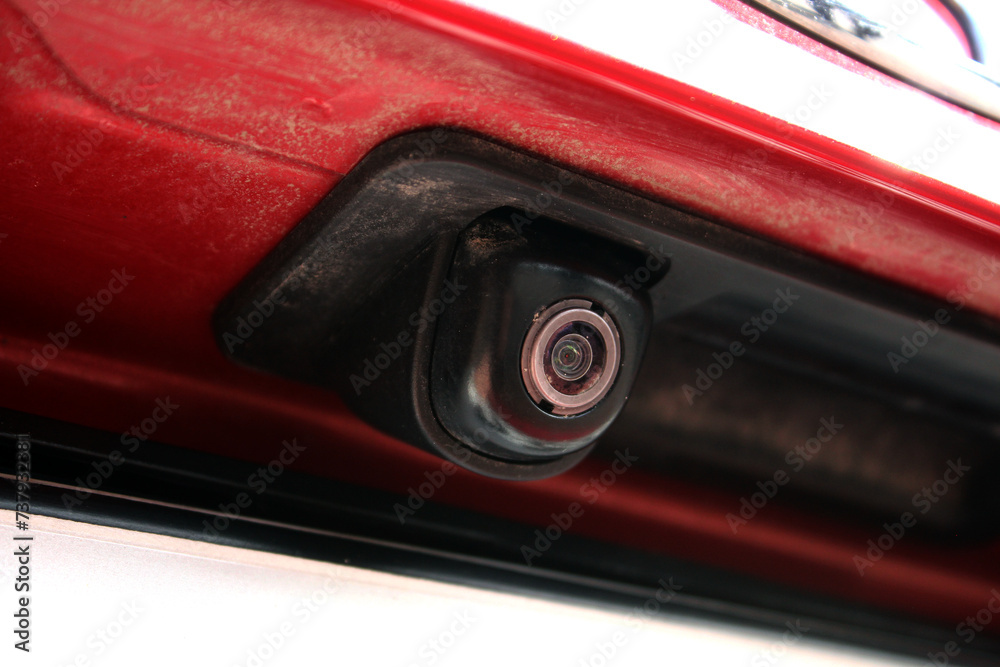 Rear view camera on trunk car. Modern car rear view camera close up for ...