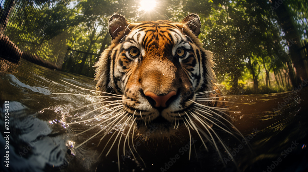Captivating wide-angle portrait of a tiger in water amidst nature ...