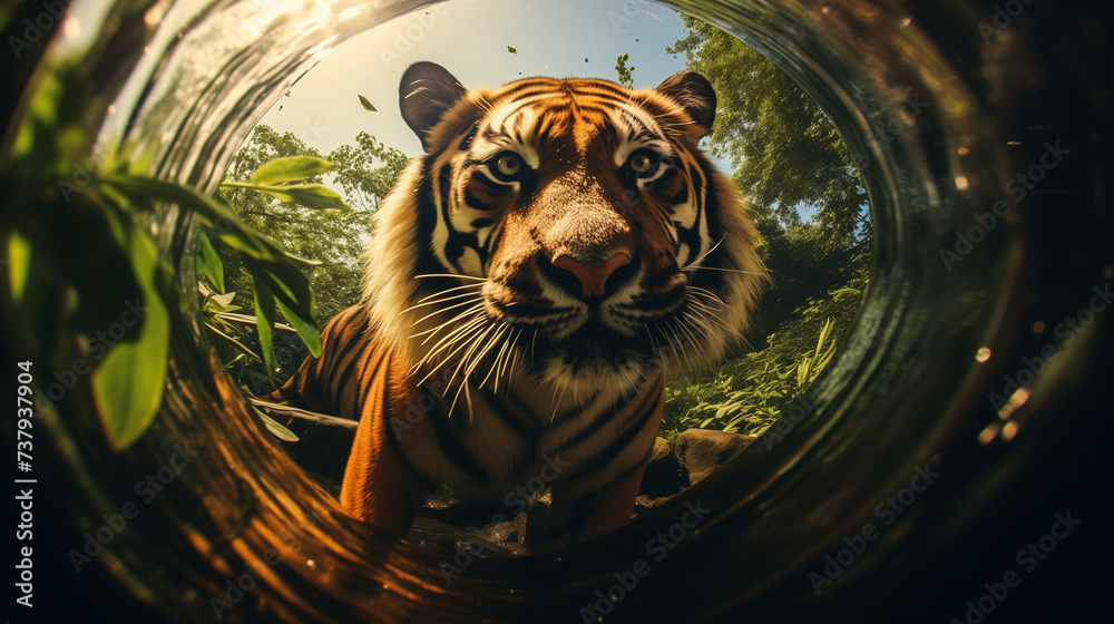 Wide-angle portrait photograph of a tiger against a natural backdrop ...