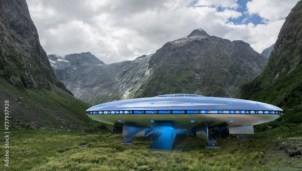 ufo flying saucer alien vehicle flying disk, landed in the mountains ...