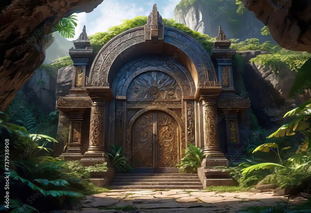Fantasy illustration, a round entrance in the rock to a magical elven ...