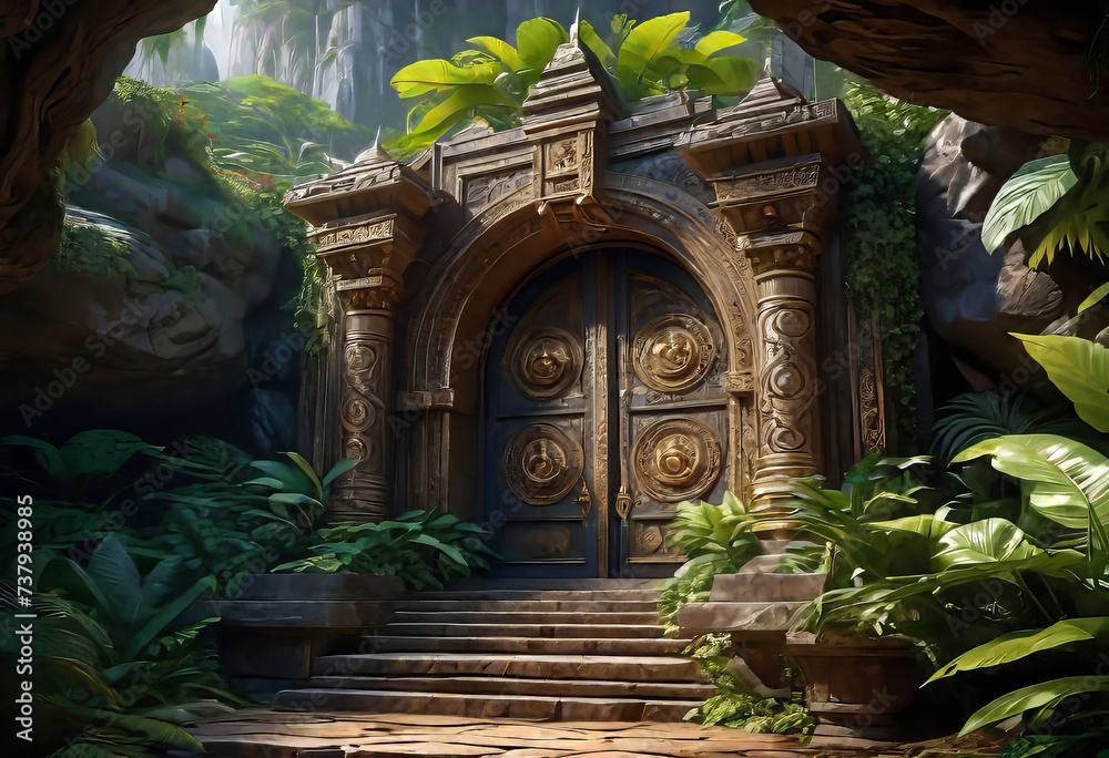 Fantasy illustration, a round entrance in the rock to a magical elven ...