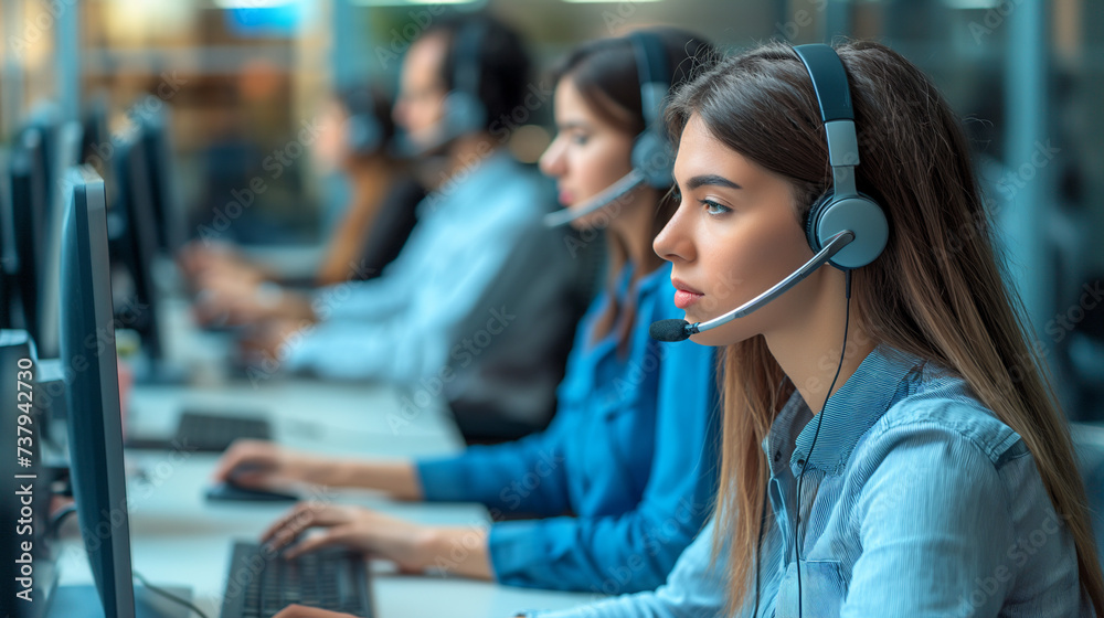 Team of call center agents working diligently, screens and headsets in ...
