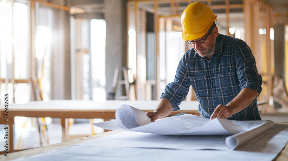 Professional contractor reviewing blueprints on a construction site ...