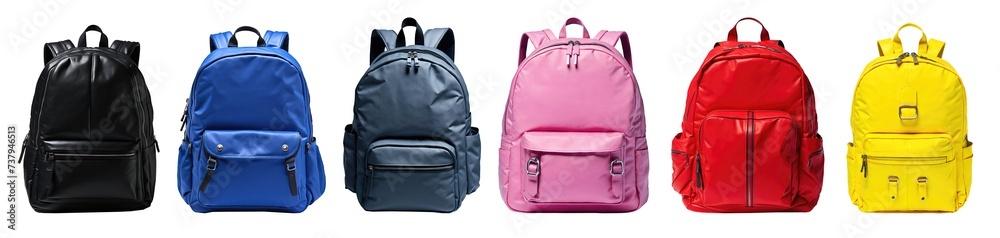 Collection of classic multi pocket backpacks set in different colours ...