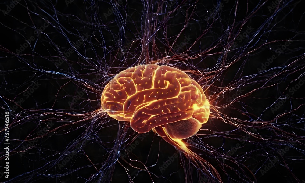 Illuminated Brain and Neural Networks. Brain integrated with intricate neural networks ...