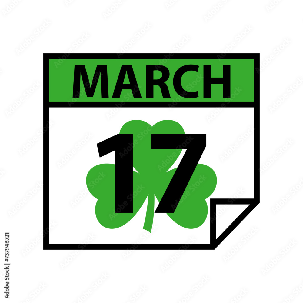 Día de San Patricio. Logo con hoja de calendario con texto 17 March con ...
