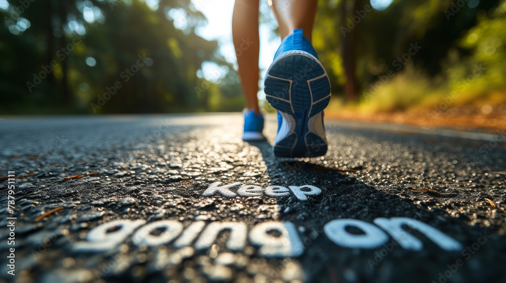 Motivational journey concept with 'Keep going on' text on the pavement ...