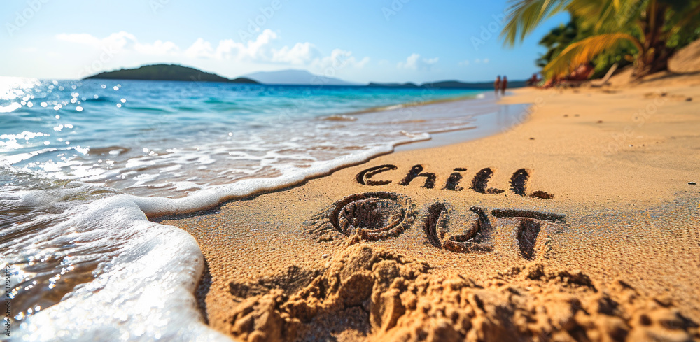 Relaxing summer vibes, Chill Out message handwritten in the sand on a ...