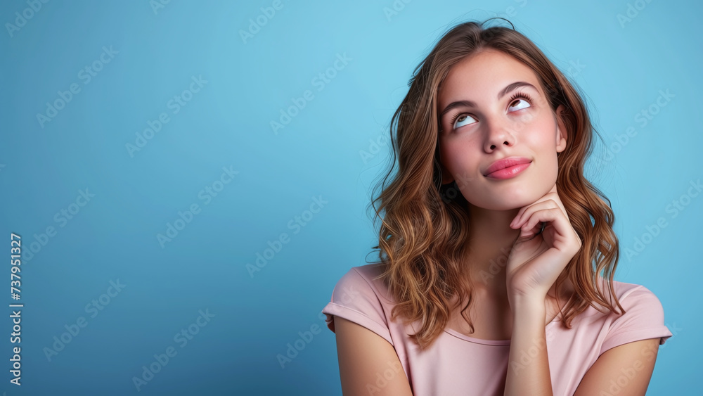 Problem-Solving Thinking Lady: Thoughtful Expression on Plain Blue ...