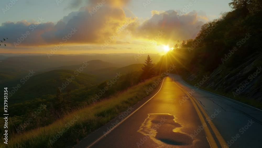 A serpentine road winding through dense forests, where towering trees ...