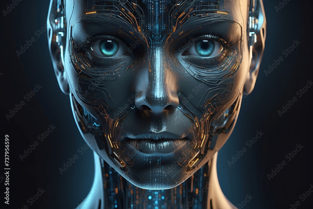 digital artificial intelligence human face, the future of robotics ...
