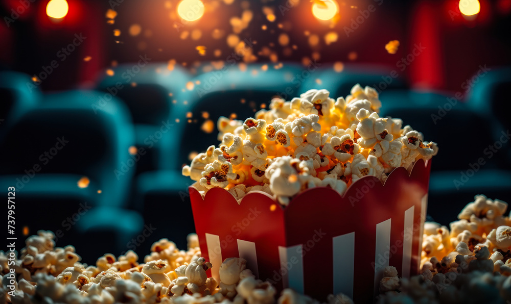 Spilled popcorn bucket on cinema seat with dramatic lighting in an ...