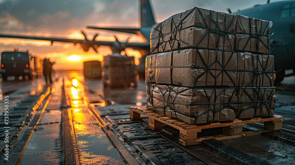 Cargo pallets ready for loading onto an aircraft at sunrise, with the ...