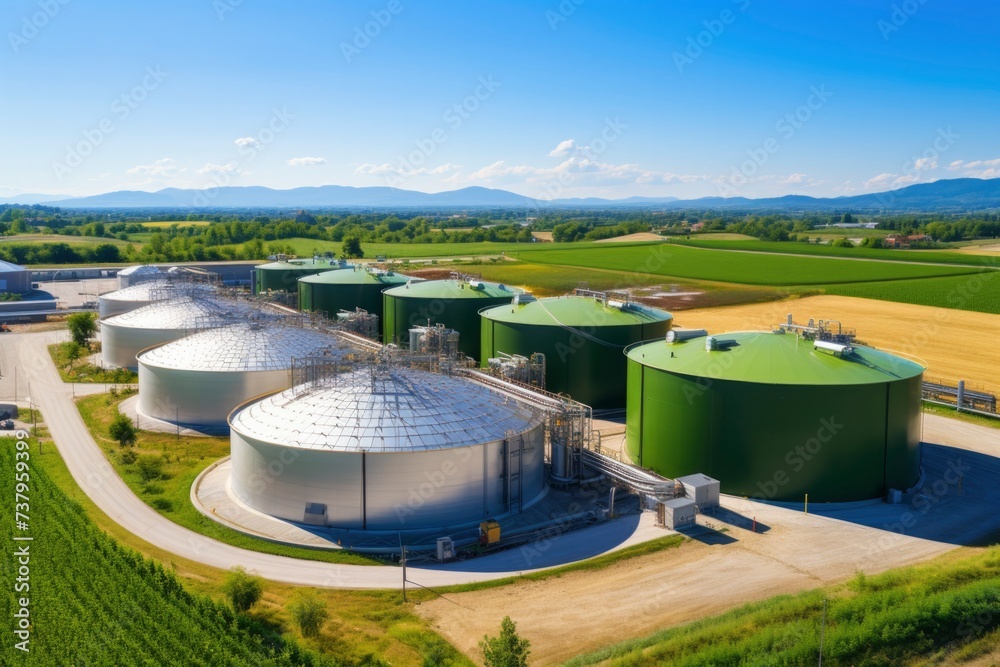 Biogas Plant Storage Tanks Amidst Agricultural Fields in Aerial ...