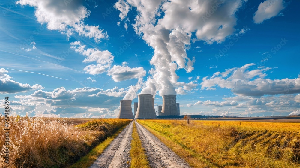 Cooling towers of a nuclear power plant rise above a golden wheat field ...