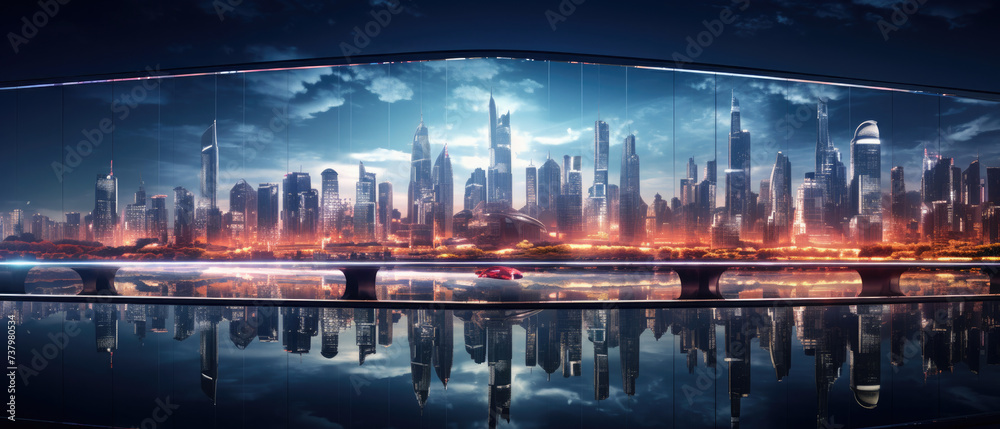 Blue futuristic empty lights stage on the background of cityscape ...