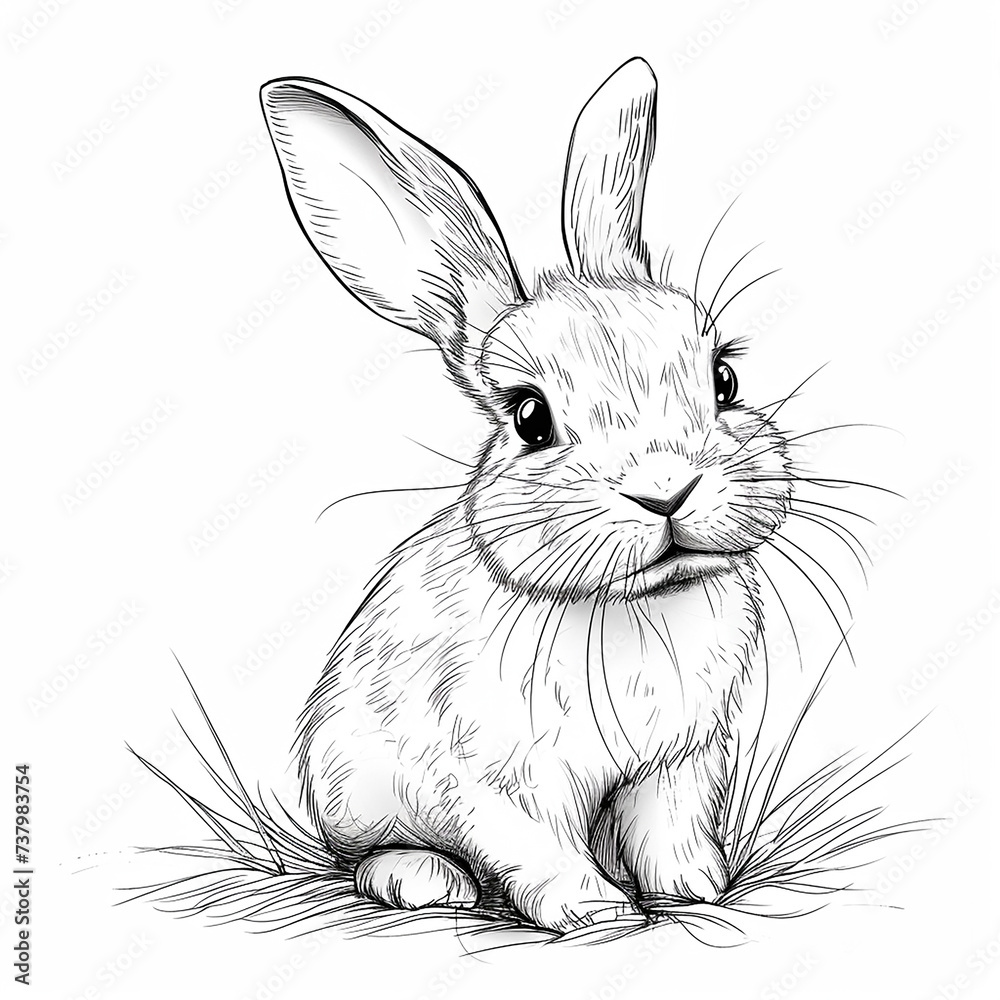 Rabbit on the grass. Hand drawn sketch. Vector illustration. Coloring ...