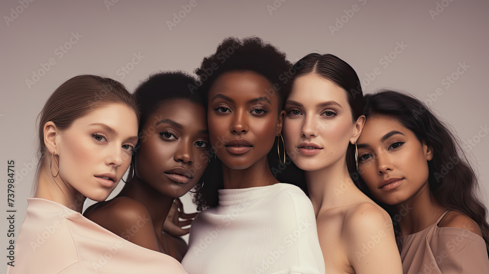 Beautiful smiling diverse female models with different skin tones in ...