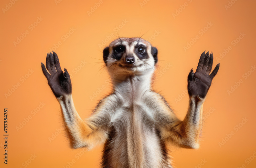 Meerkat showing two palms to camera, making stop hand gesture, on ...