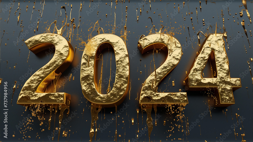 Number 2024 3d Shiny Gold on Black Background. Sprinkled with luxurious ...