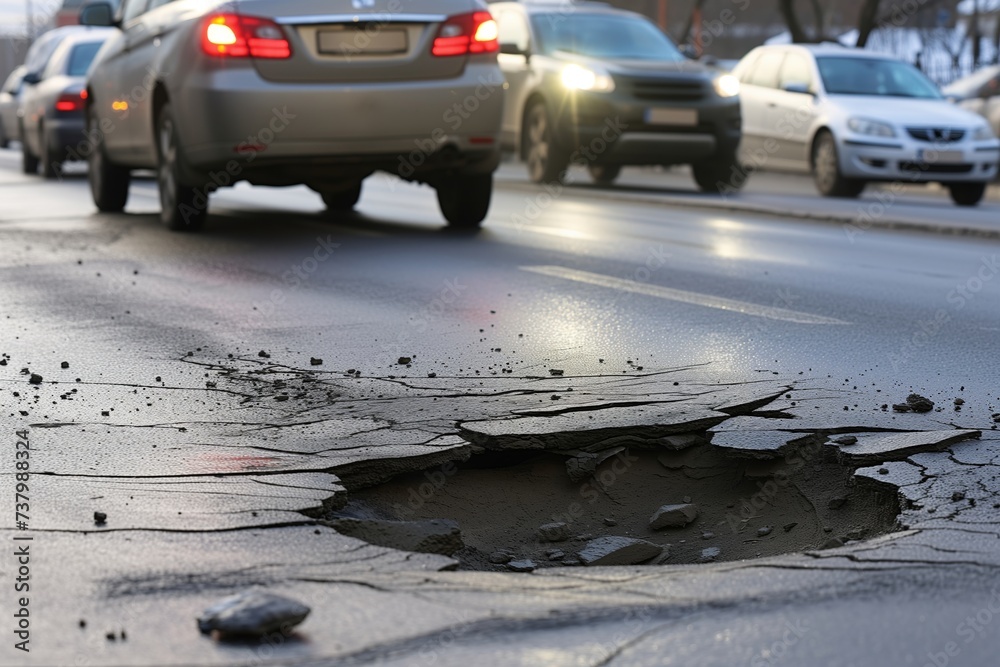 pothole on busy street, cars swerving around Stock Photo | Adobe Stock