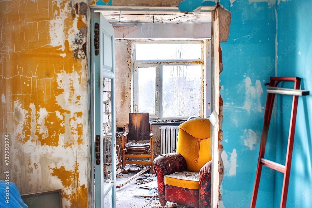 Interior of an old room in a house with fallen walls with a yellow ...